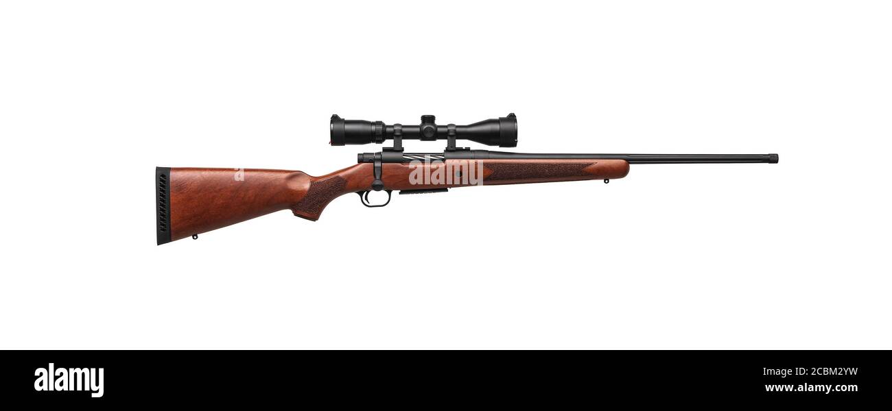 A sniper rifle with a telescopic sight. A carbine with a wooden stock ...