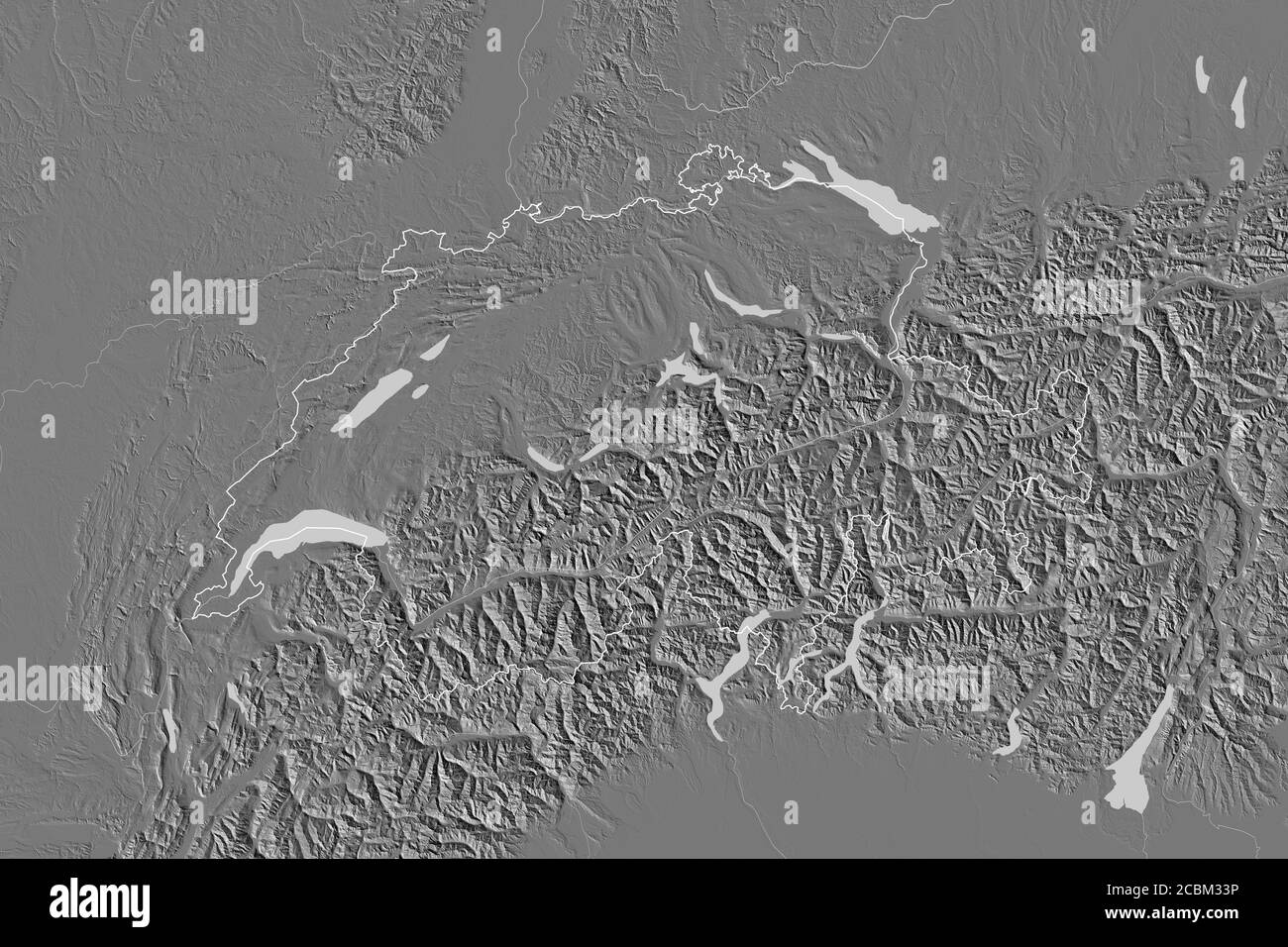 Extended area of outlined Switzerland. Bilevel elevation map. 3D ...