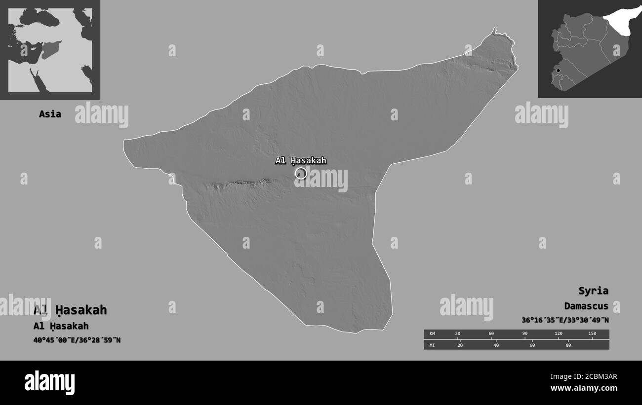 Shape of Al Ḥasakah, province of Syria, and its capital. Distance scale ...
