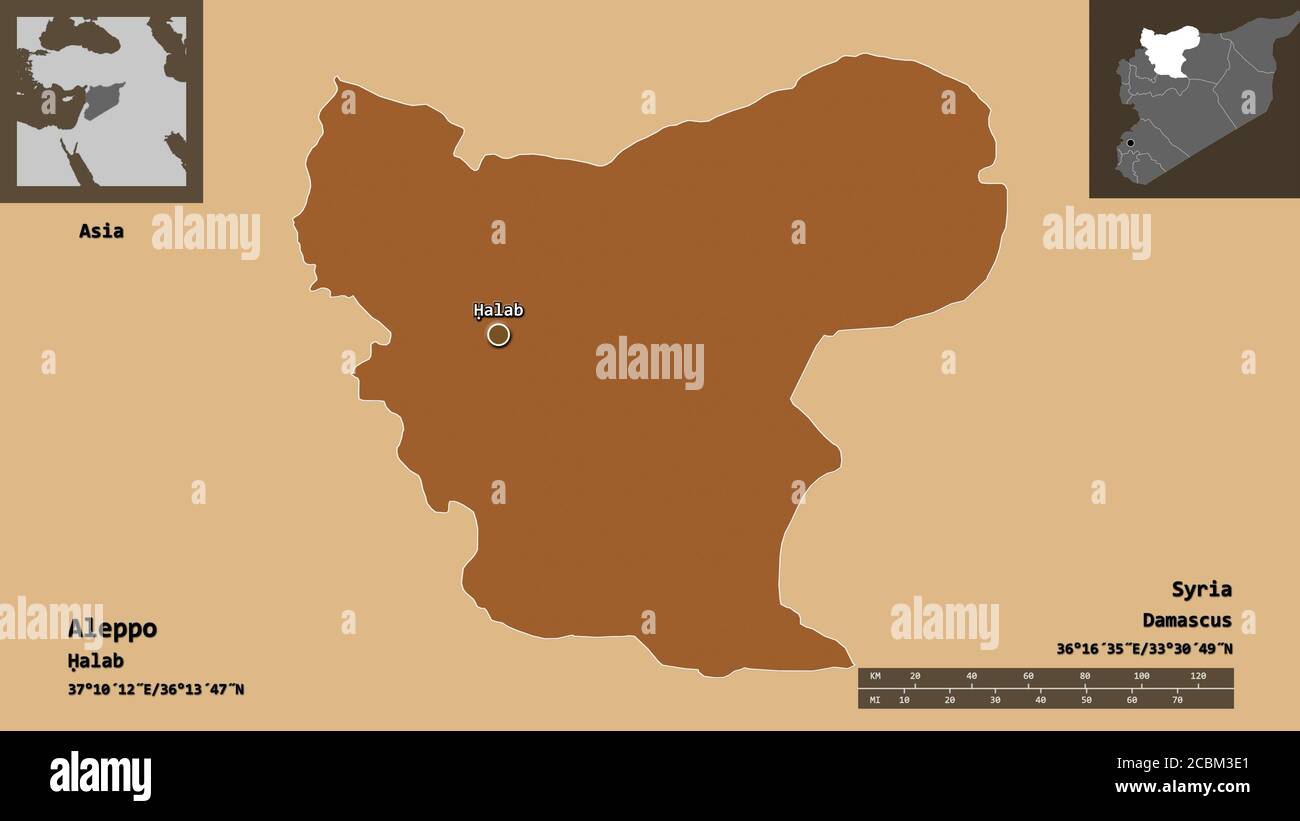 Shape of Aleppo, province of Syria, and its capital. Distance scale ...