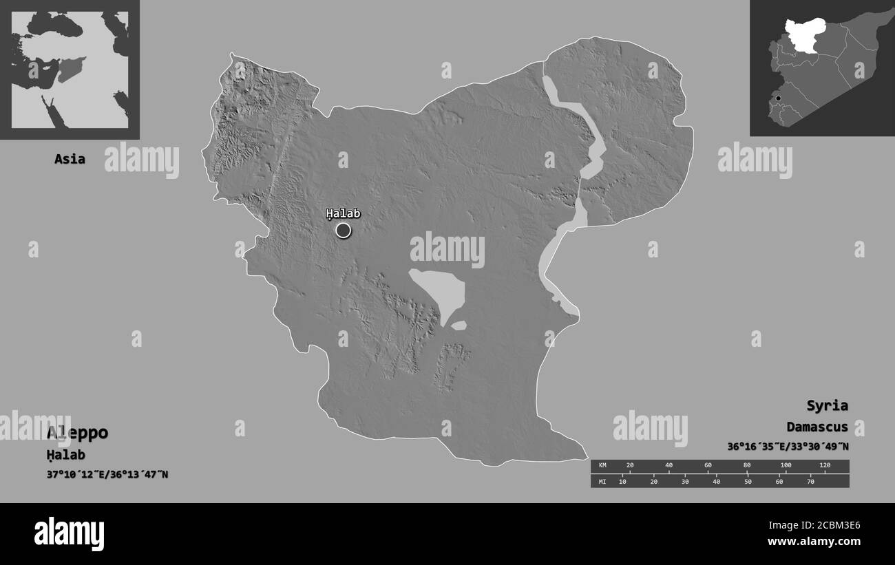 Shape of Aleppo, province of Syria, and its capital. Distance scale ...