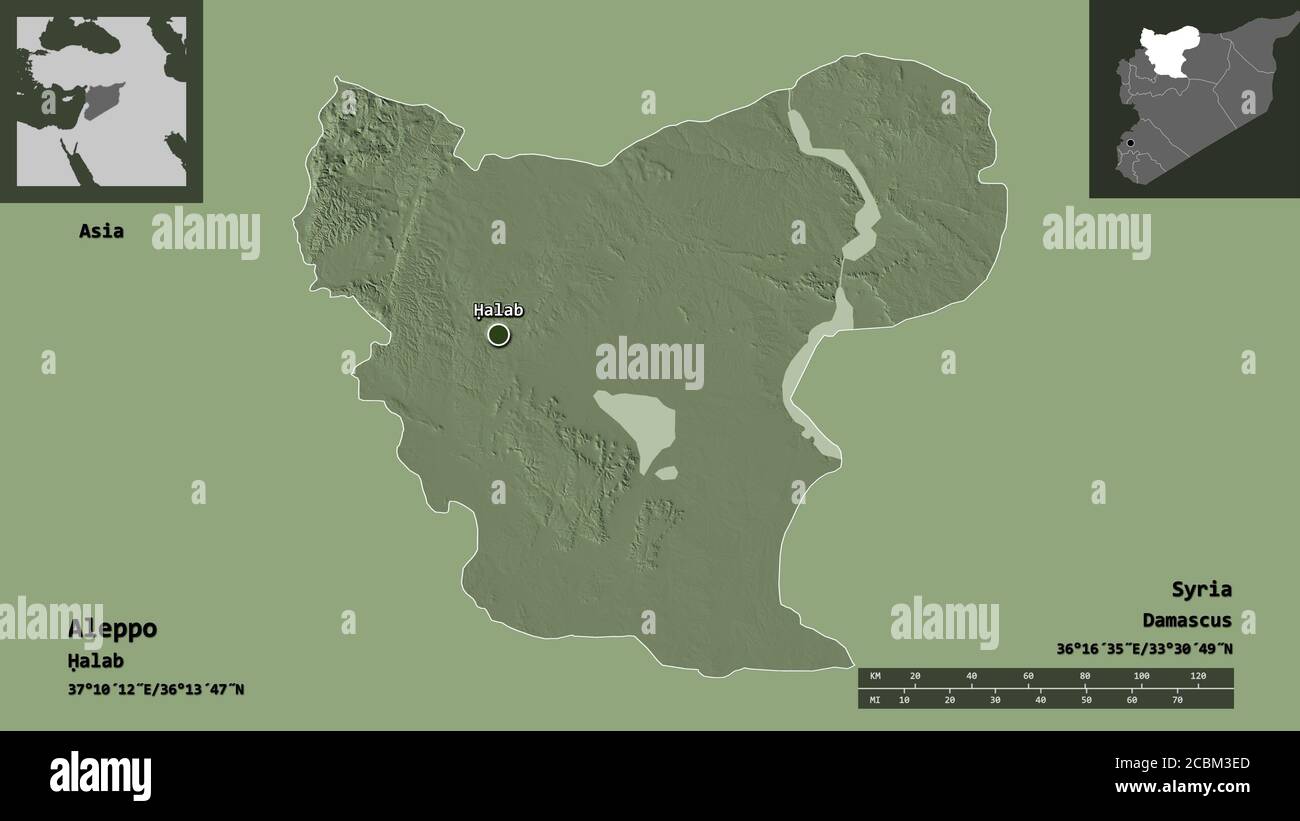 Shape of Aleppo, province of Syria, and its capital. Distance scale ...