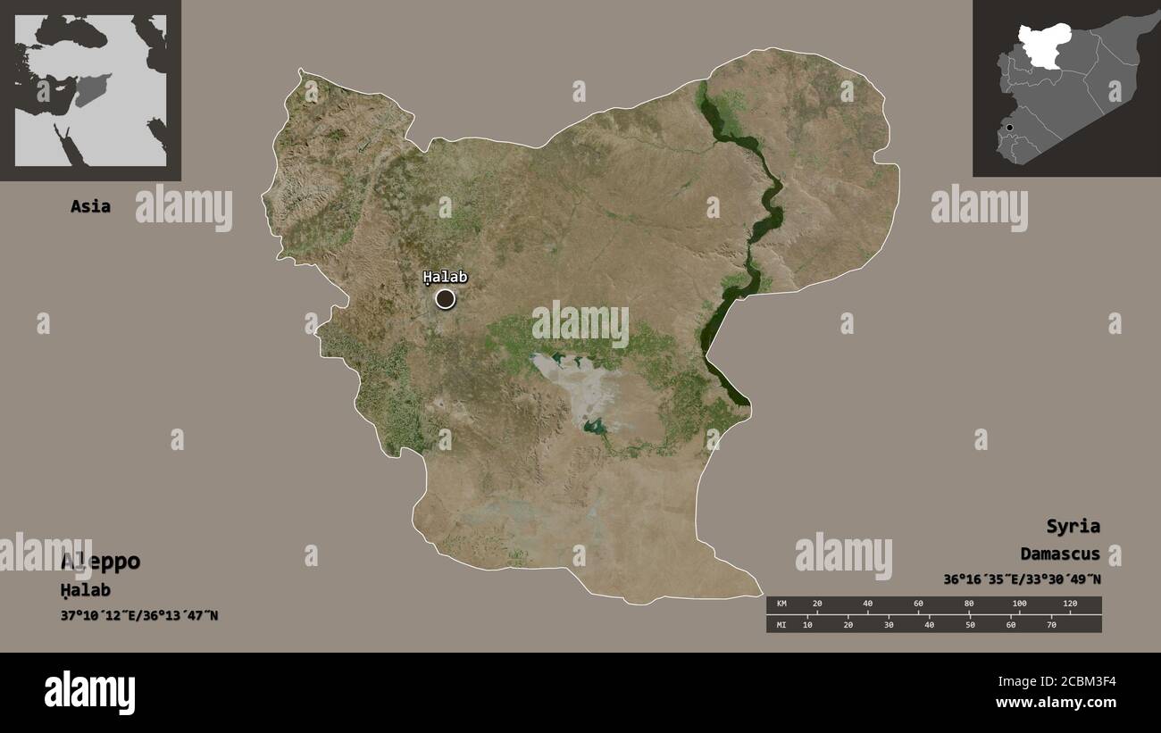 Shape of Aleppo, province of Syria, and its capital. Distance scale ...
