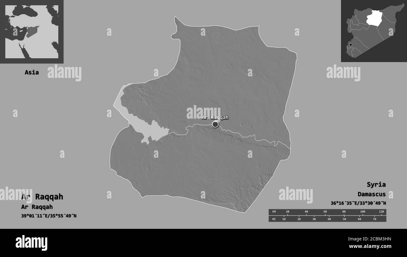 Shape of Ar Raqqah, province of Syria, and its capital. Distance scale ...