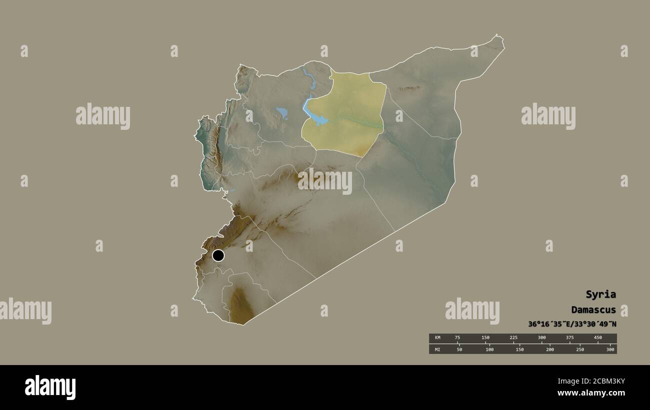 Desaturated shape of Syria with its capital, main regional division and ...