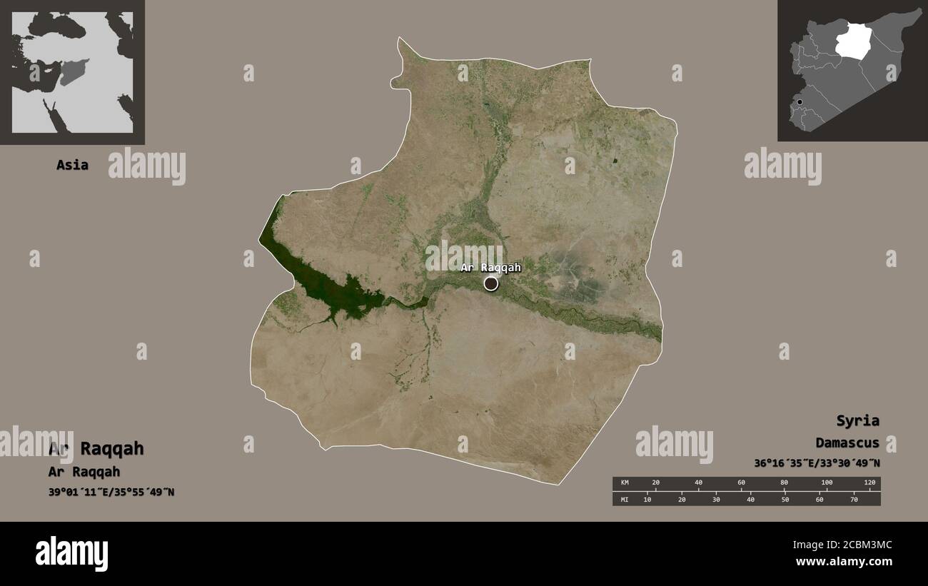 Shape of Ar Raqqah, province of Syria, and its capital. Distance scale ...