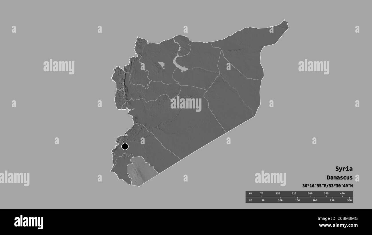 Desaturated shape of Syria with its capital, main regional division and ...