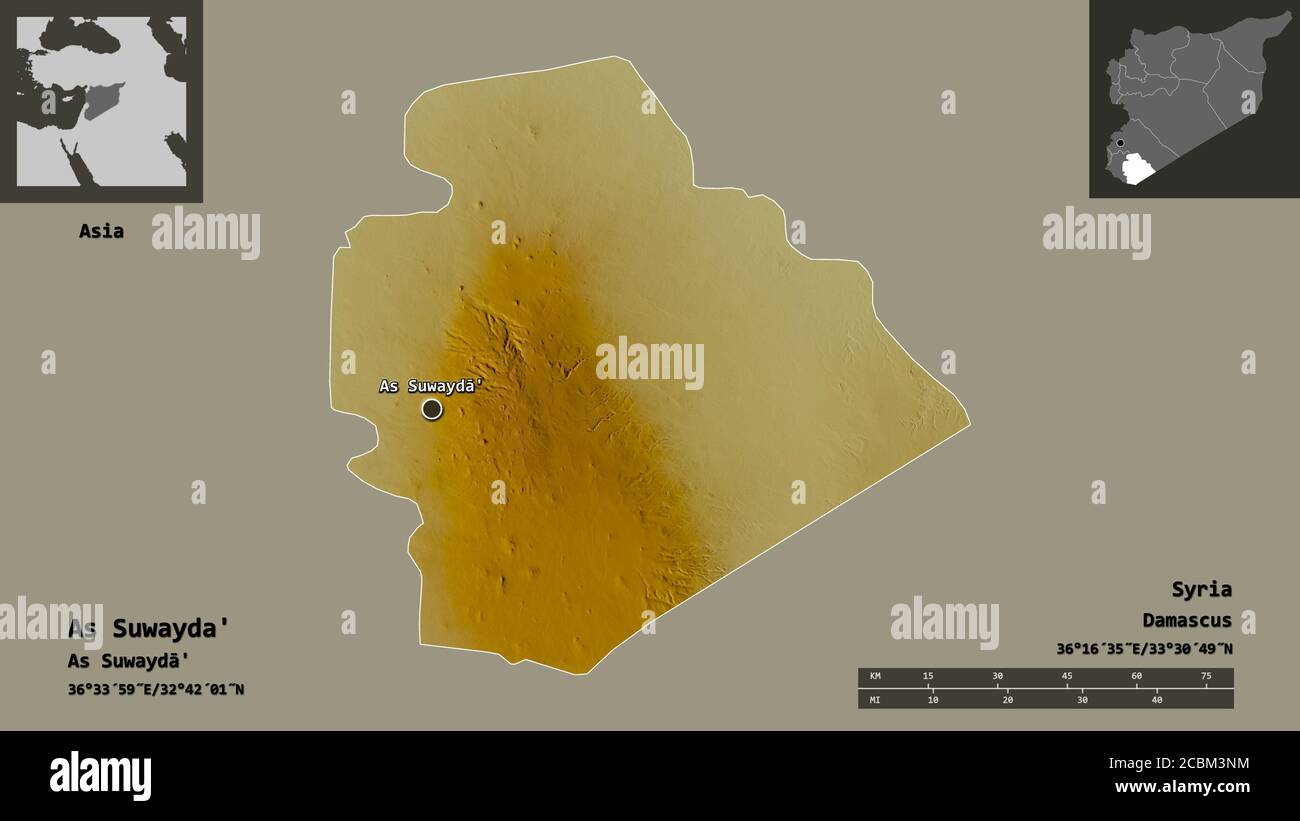 Shape of As Suwayda', province of Syria, and its capital. Distance ...