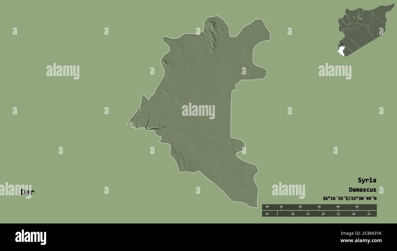 Shape of Dar, province of Syria, with its capital isolated on solid ...