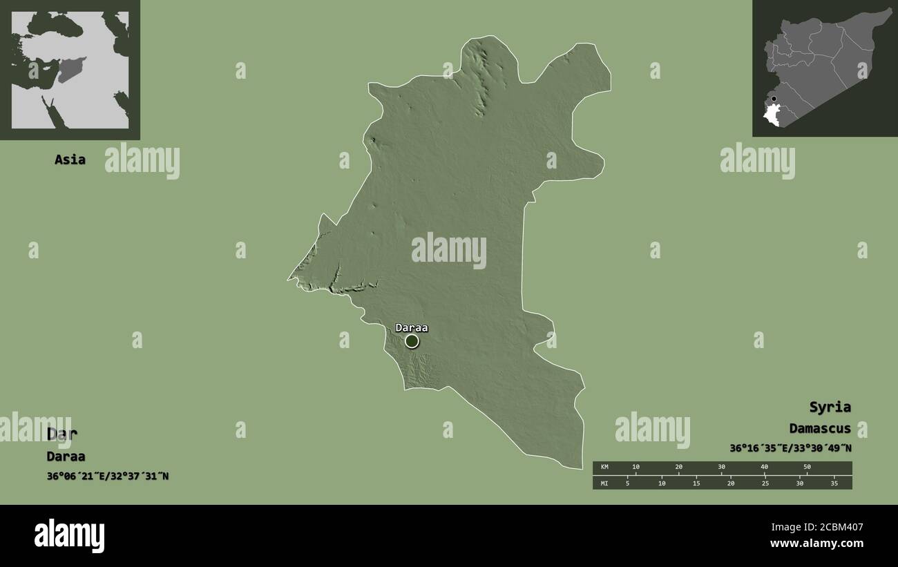 Shape of Dar, province of Syria, and its capital. Distance scale ...