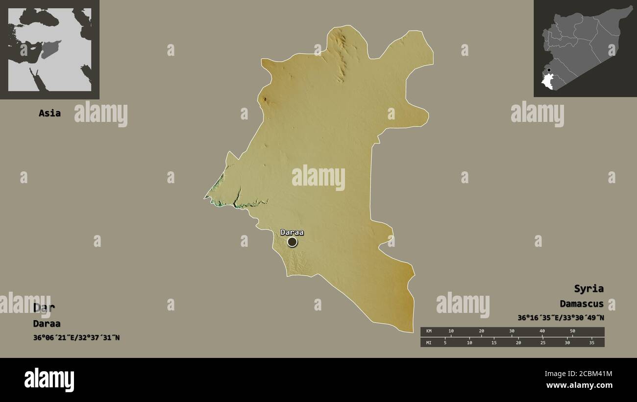 Shape of Dar, province of Syria, and its capital. Distance scale ...