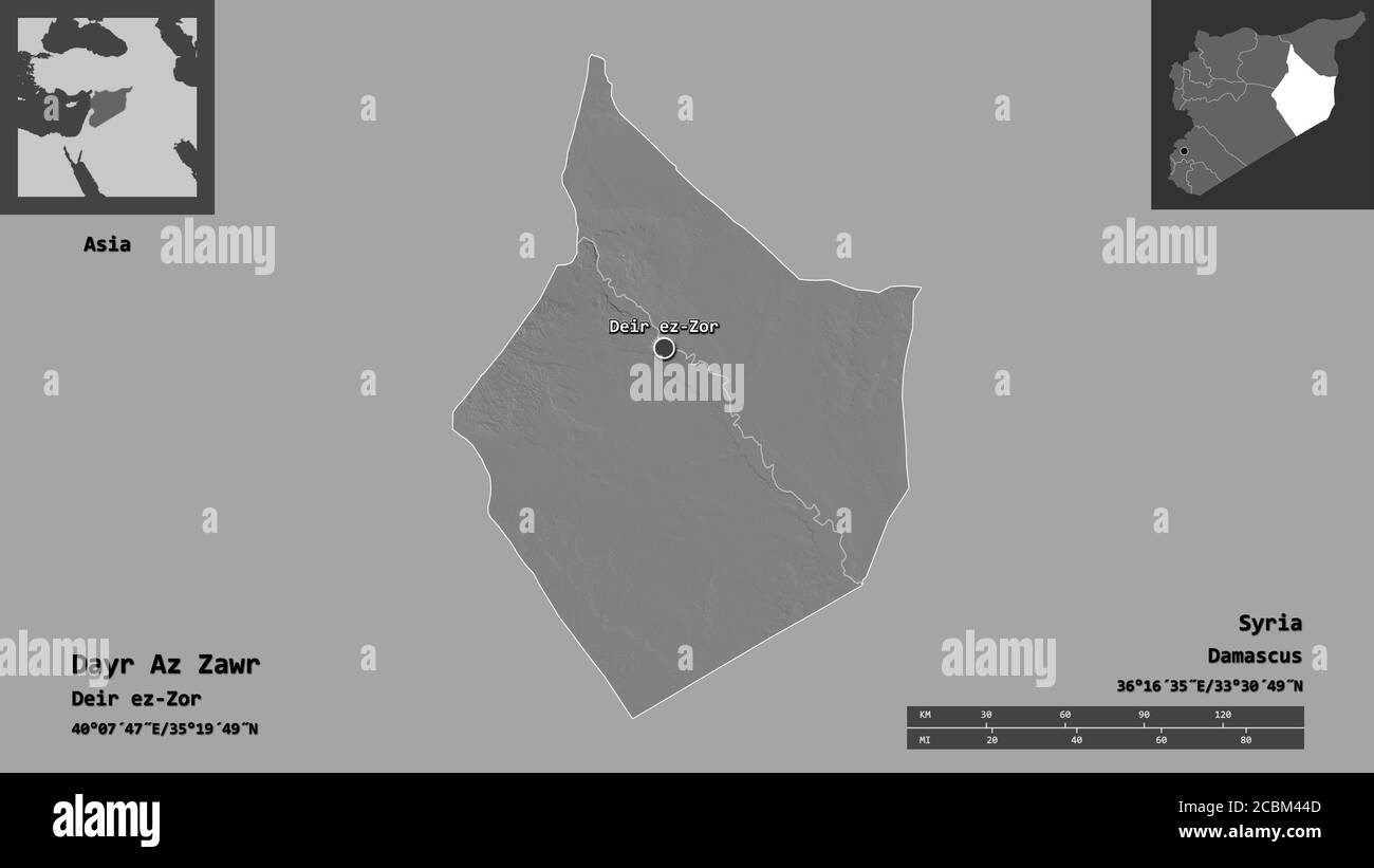 Shape of Dayr Az Zawr, province of Syria, and its capital. Distance ...