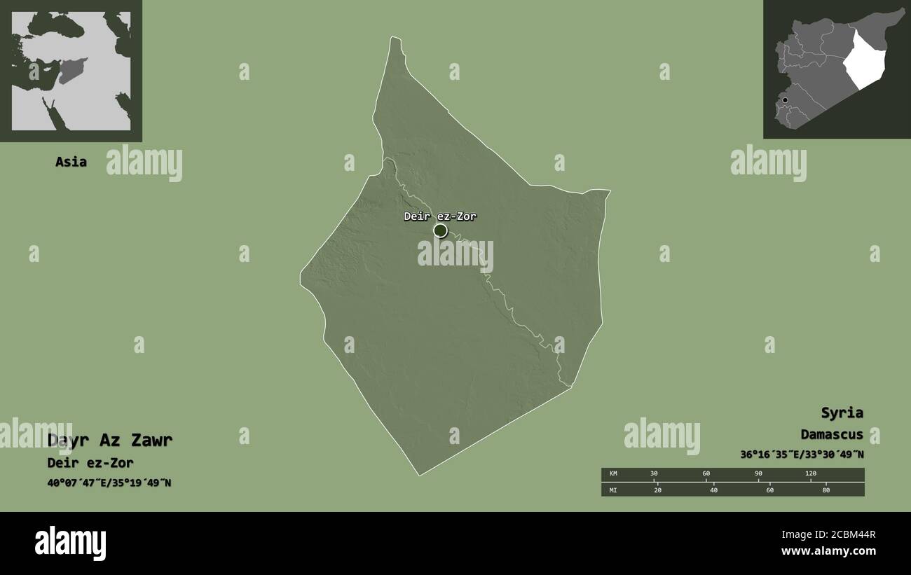 Shape of Dayr Az Zawr, province of Syria, and its capital. Distance ...