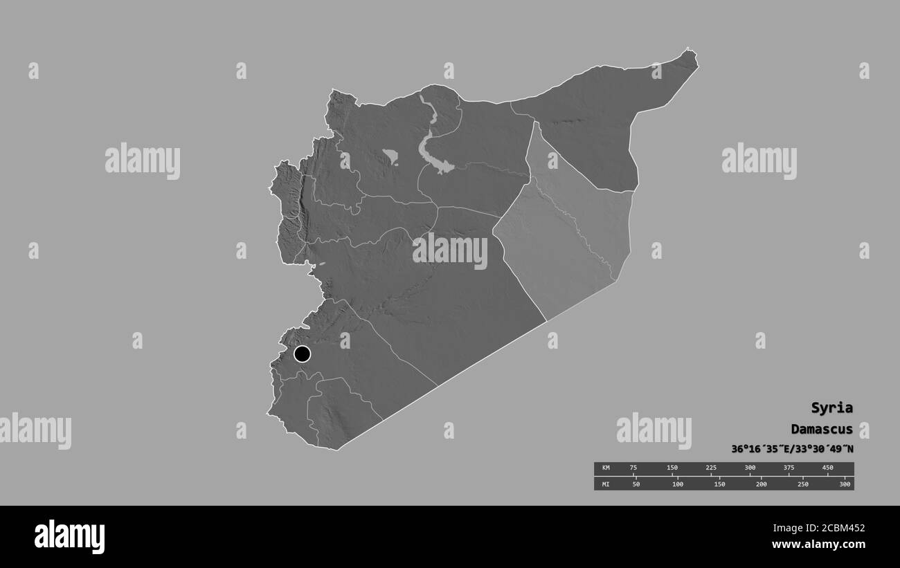 Desaturated shape of Syria with its capital, main regional division and ...