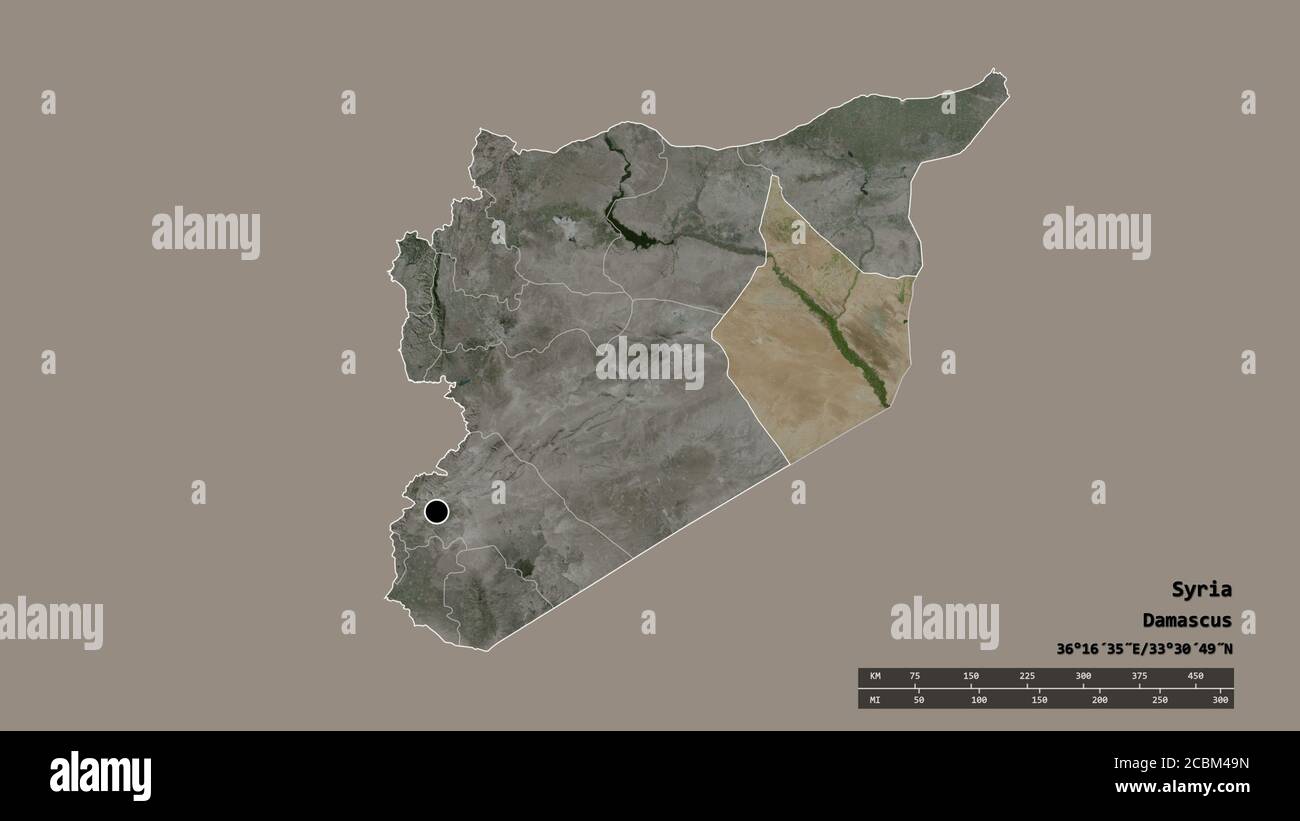 Desaturated shape of Syria with its capital, main regional division and ...