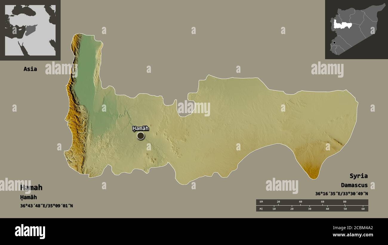 Shape of Hamah, province of Syria, and its capital. Distance scale ...