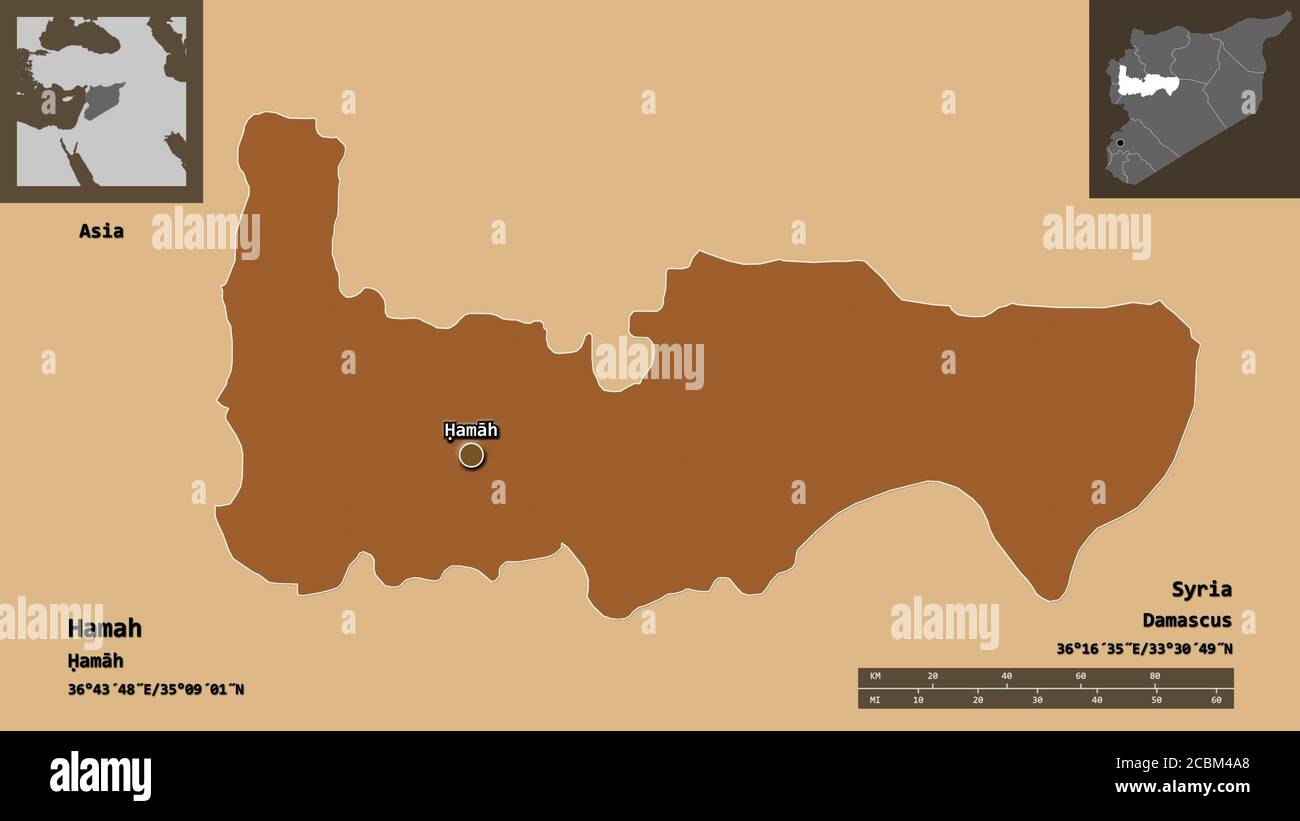 Shape of Hamah, province of Syria, and its capital. Distance scale ...