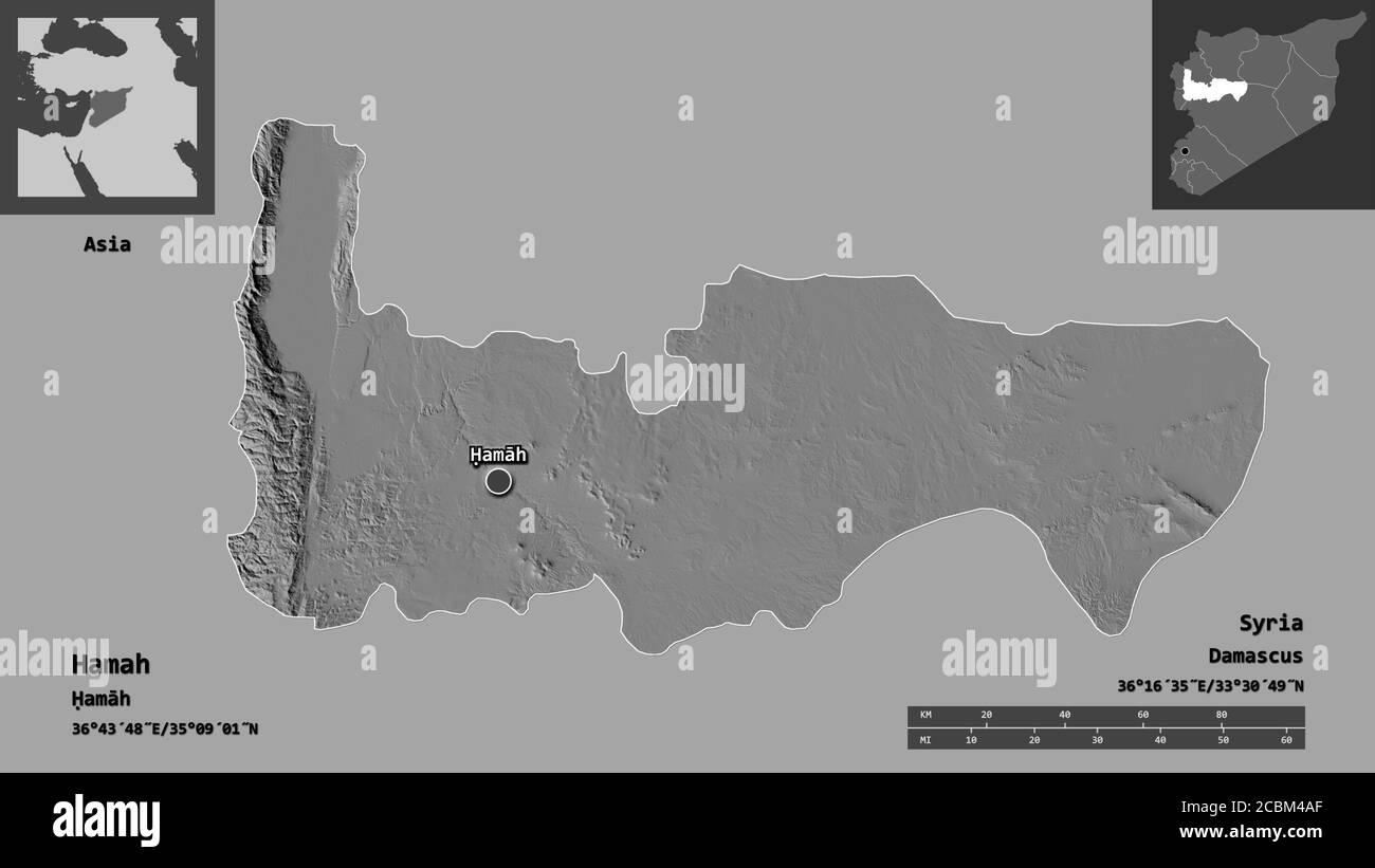 Shape of Hamah, province of Syria, and its capital. Distance scale ...