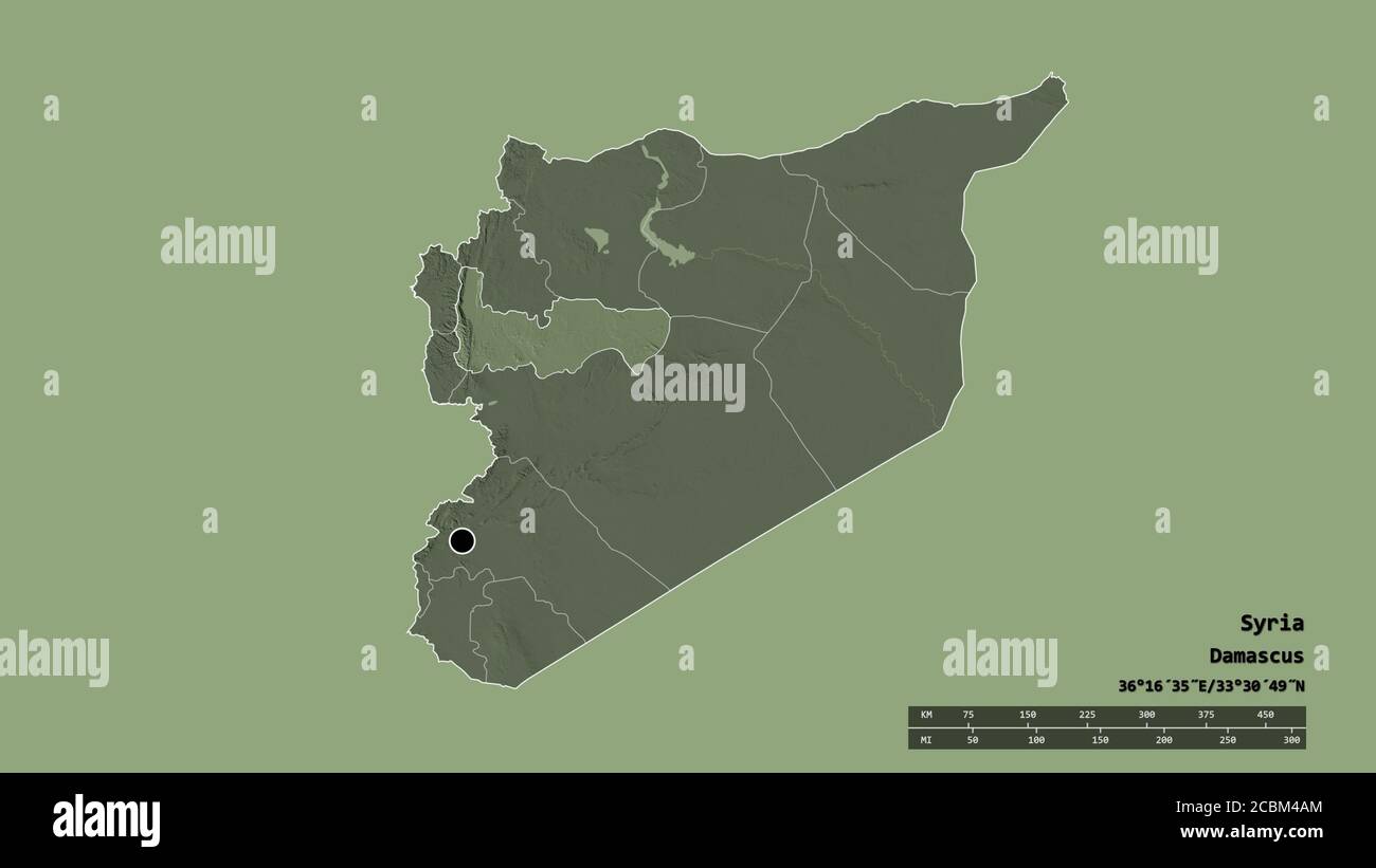 Desaturated shape of Syria with its capital, main regional division and ...
