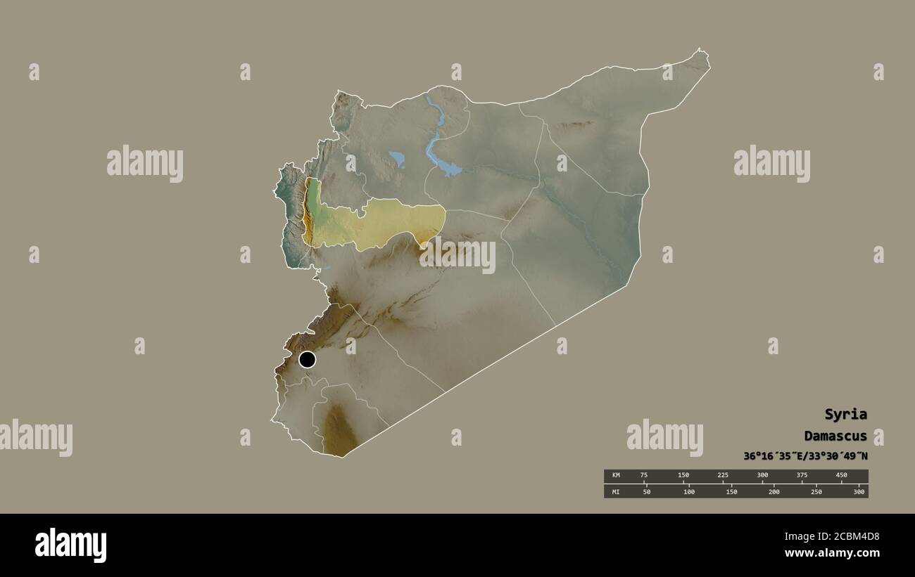 Desaturated shape of Syria with its capital, main regional division and ...