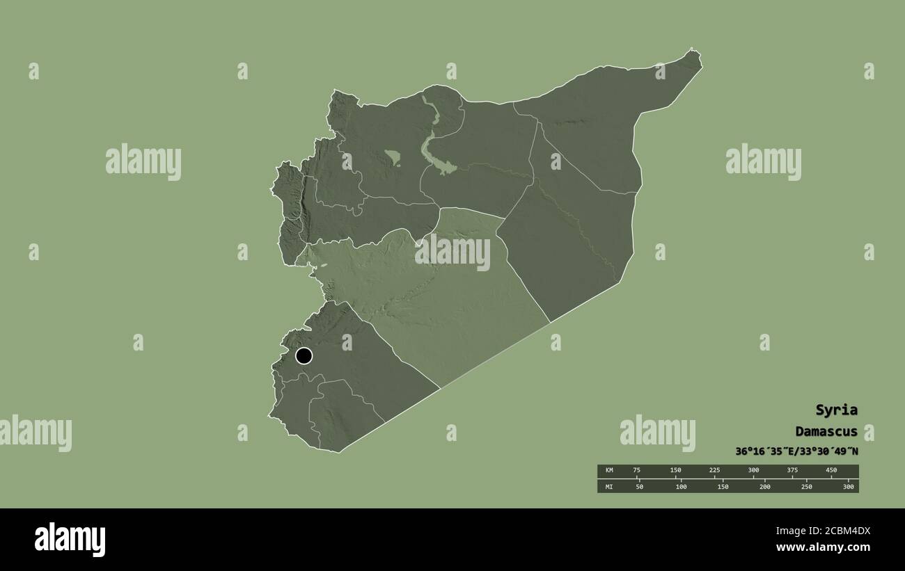 Desaturated shape of Syria with its capital, main regional division and ...