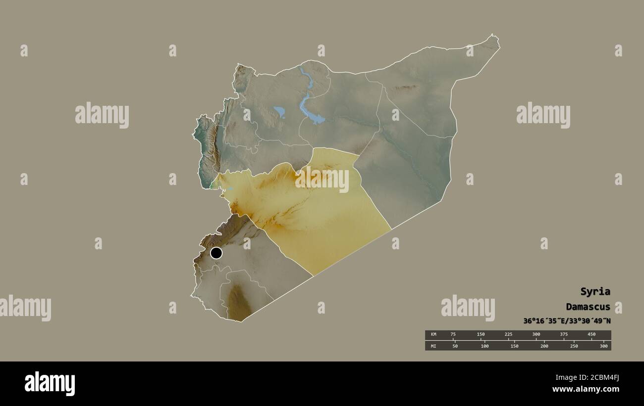 Desaturated shape of Syria with its capital, main regional division and ...