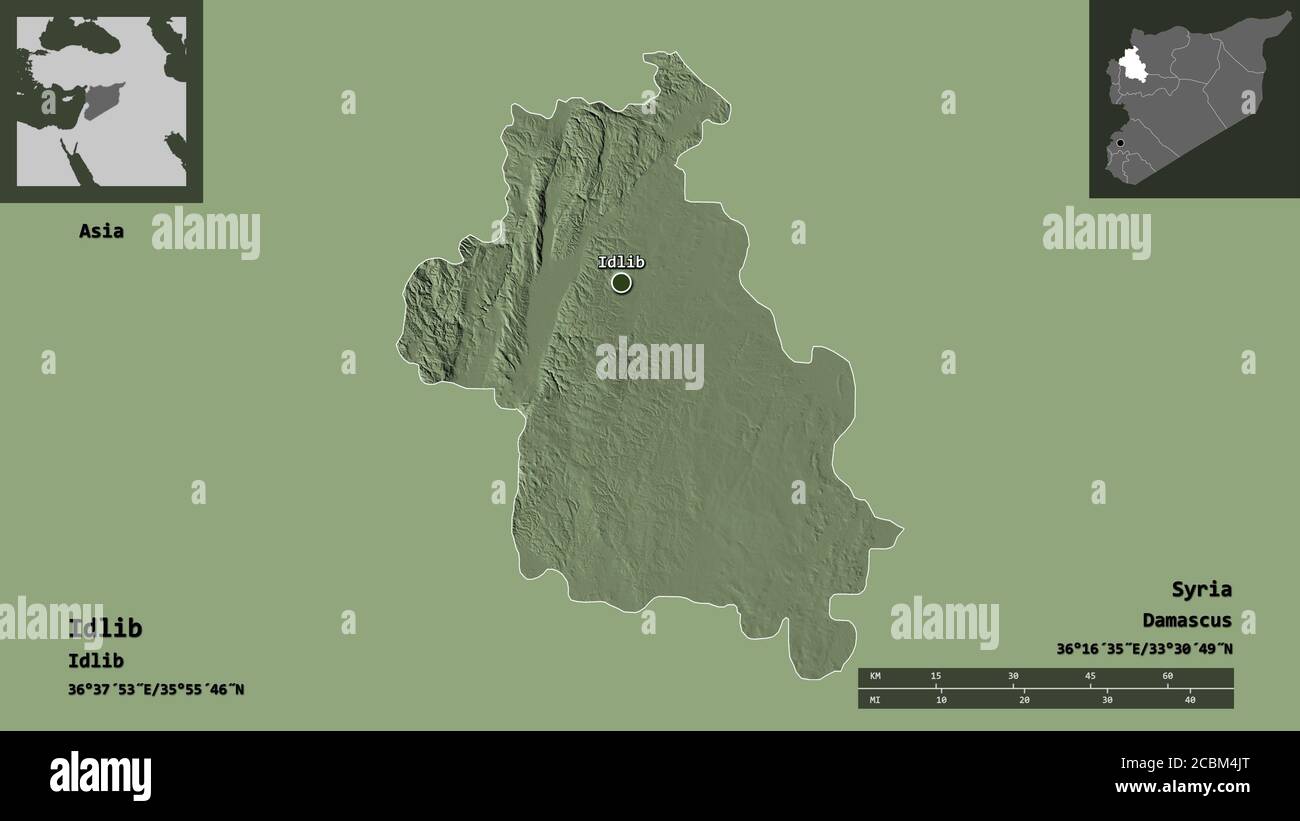 Shape of Idlib, province of Syria, and its capital. Distance scale ...