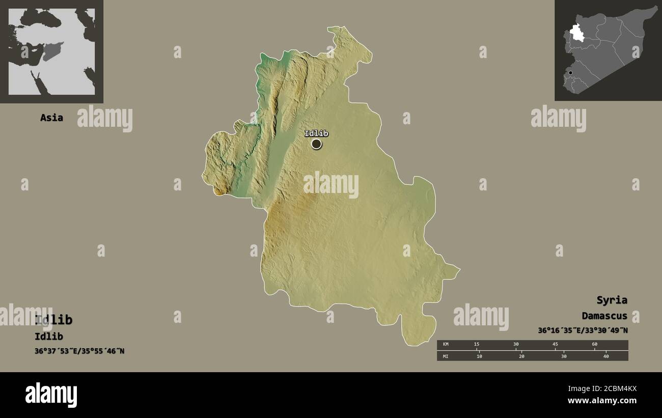 Shape of Idlib, province of Syria, and its capital. Distance scale ...