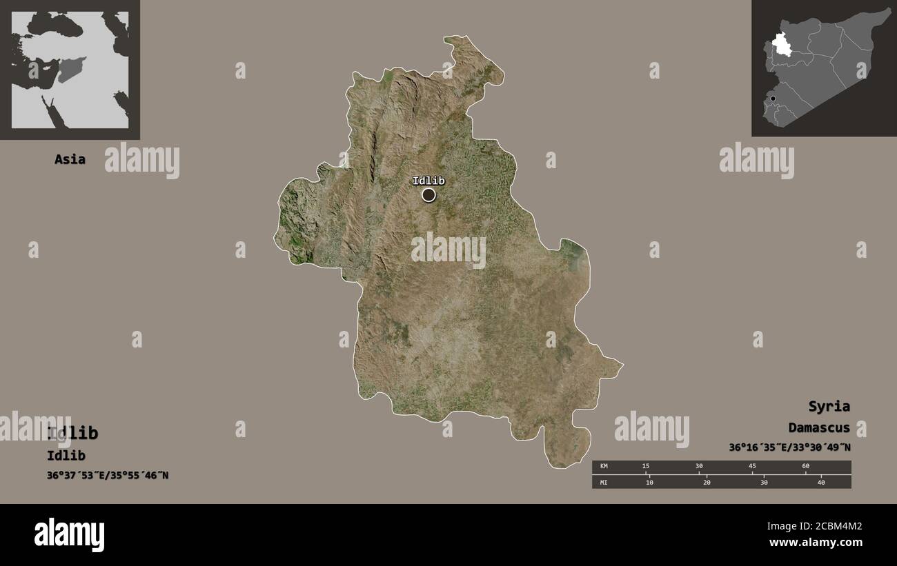 Shape of Idlib, province of Syria, and its capital. Distance scale ...