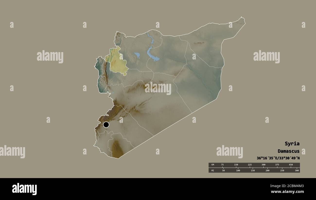 Desaturated shape of Syria with its capital, main regional division and ...