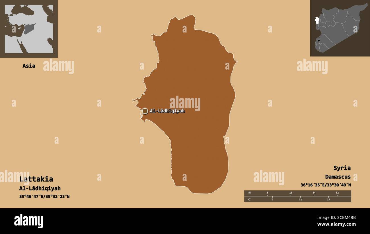 Shape of Lattakia, province of Syria, and its capital. Distance scale ...