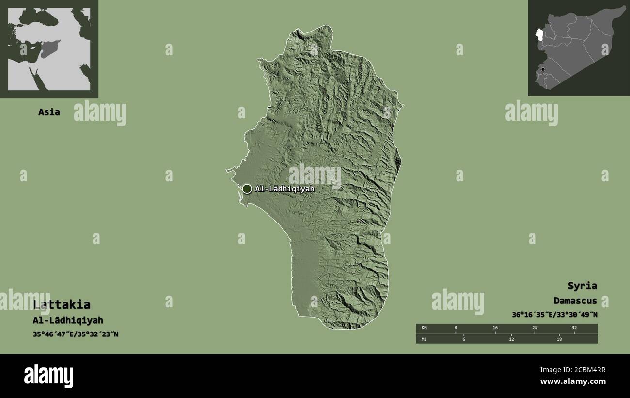 Shape of Lattakia, province of Syria, and its capital. Distance scale ...