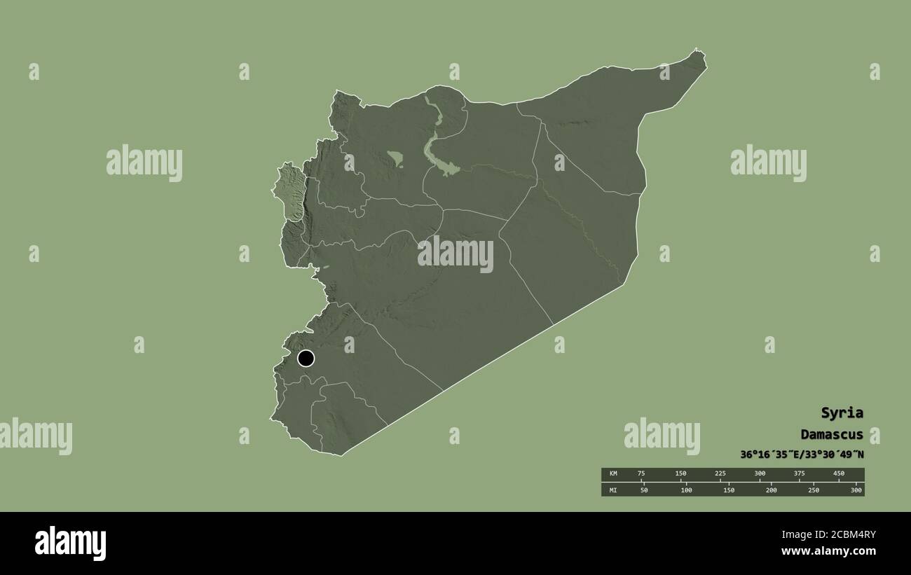 Desaturated shape of Syria with its capital, main regional division and ...