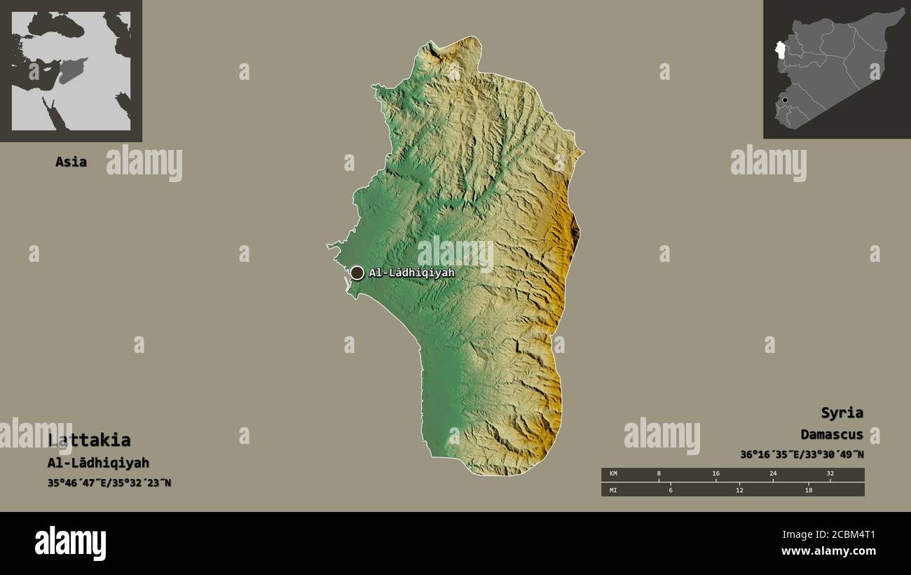 Shape of Lattakia, province of Syria, and its capital. Distance scale ...