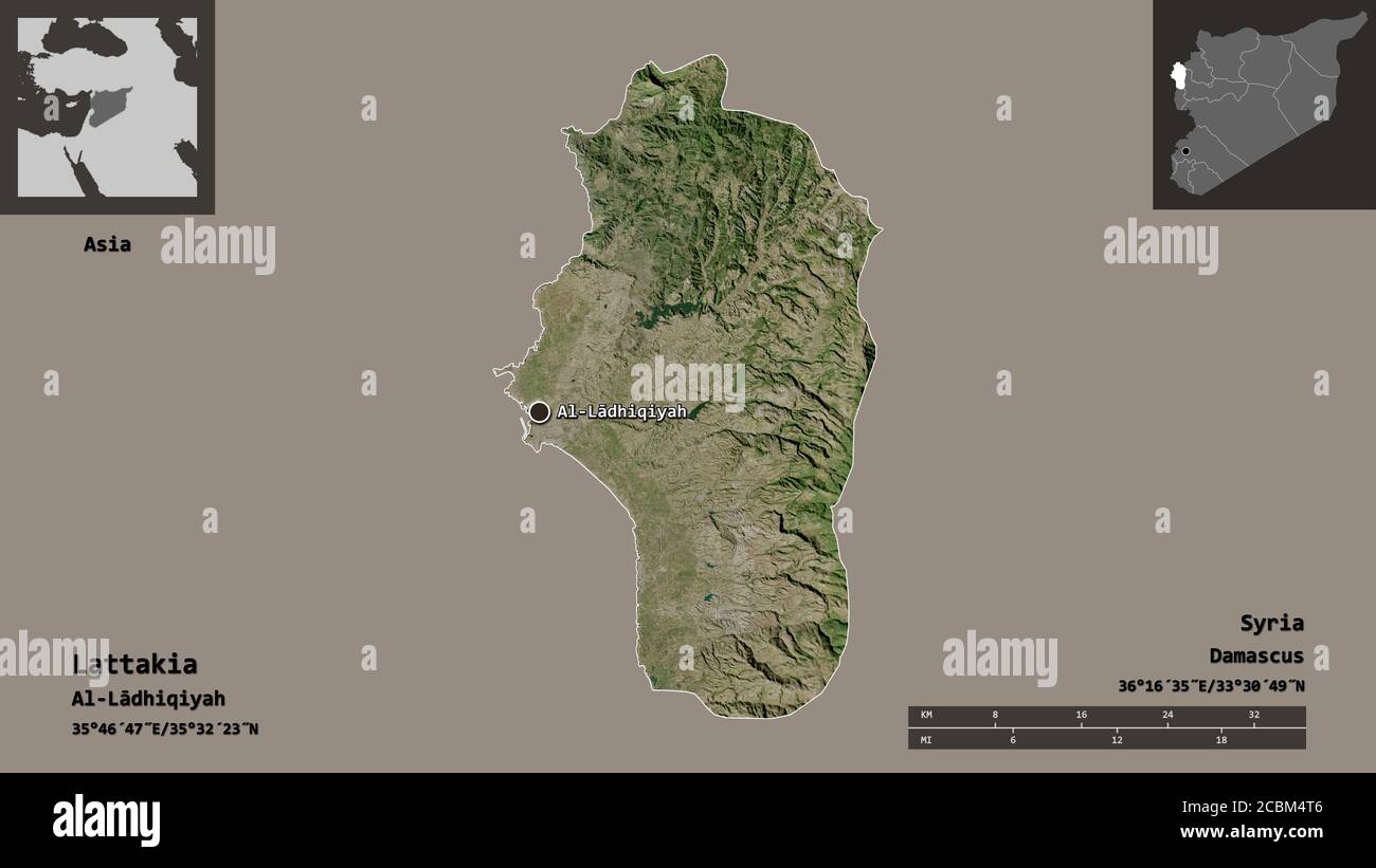 Shape of Lattakia, province of Syria, and its capital. Distance scale ...