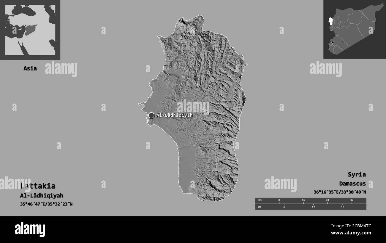 Shape of Lattakia, province of Syria, and its capital. Distance scale ...