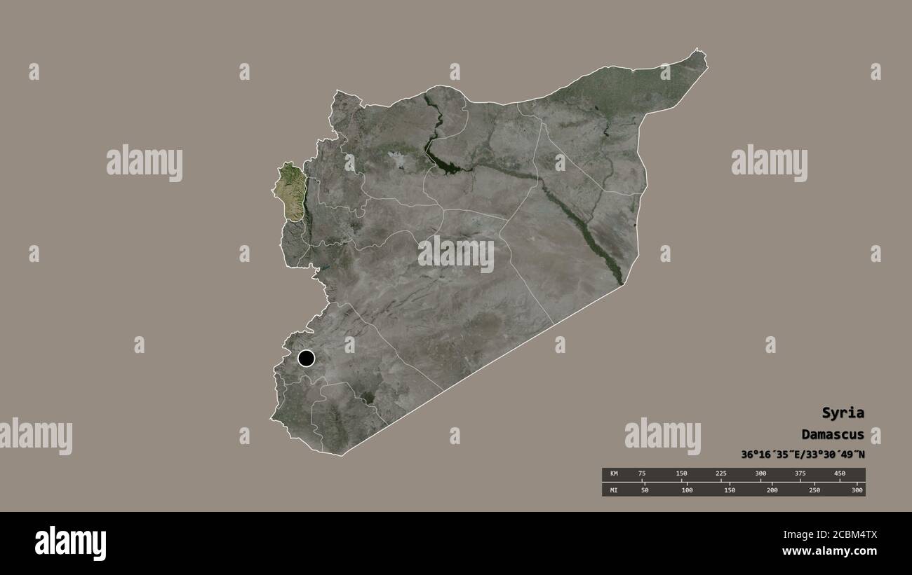 Desaturated shape of Syria with its capital, main regional division and ...
