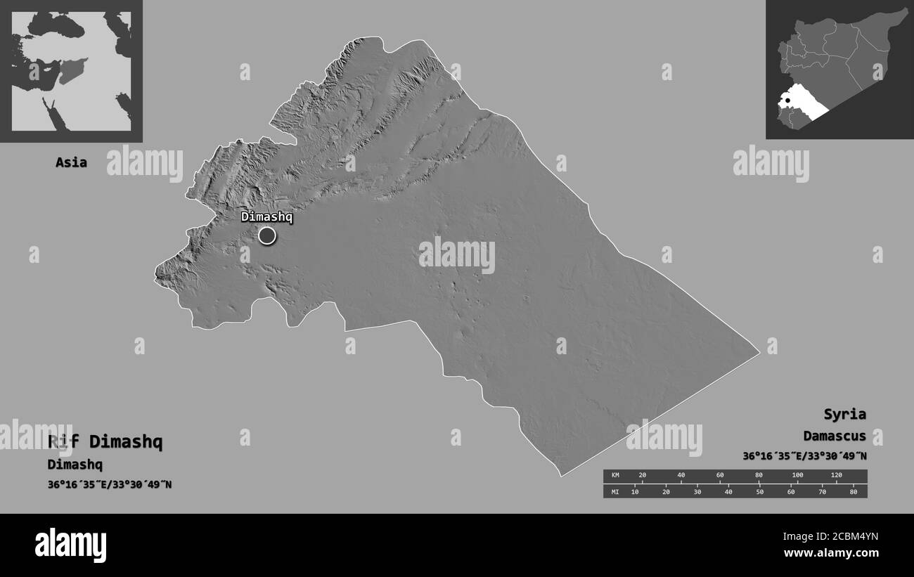 Shape of Rif Dimashq, province of Syria, and its capital. Distance ...