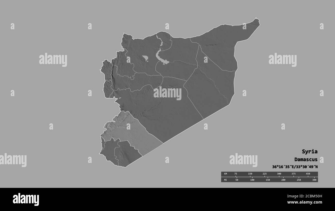 Desaturated shape of Syria with its capital, main regional division and ...