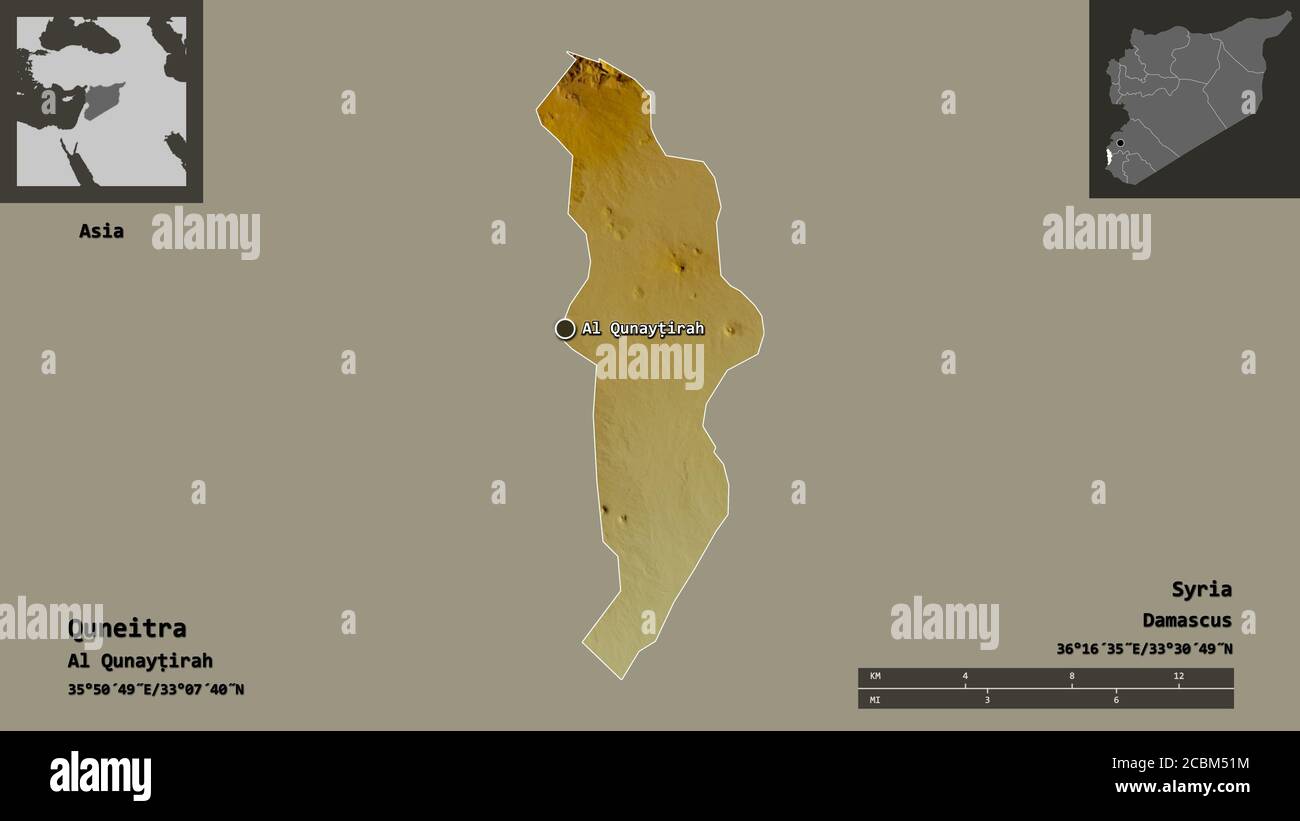 Shape of Quneitra, province of Syria, and its capital. Distance scale ...