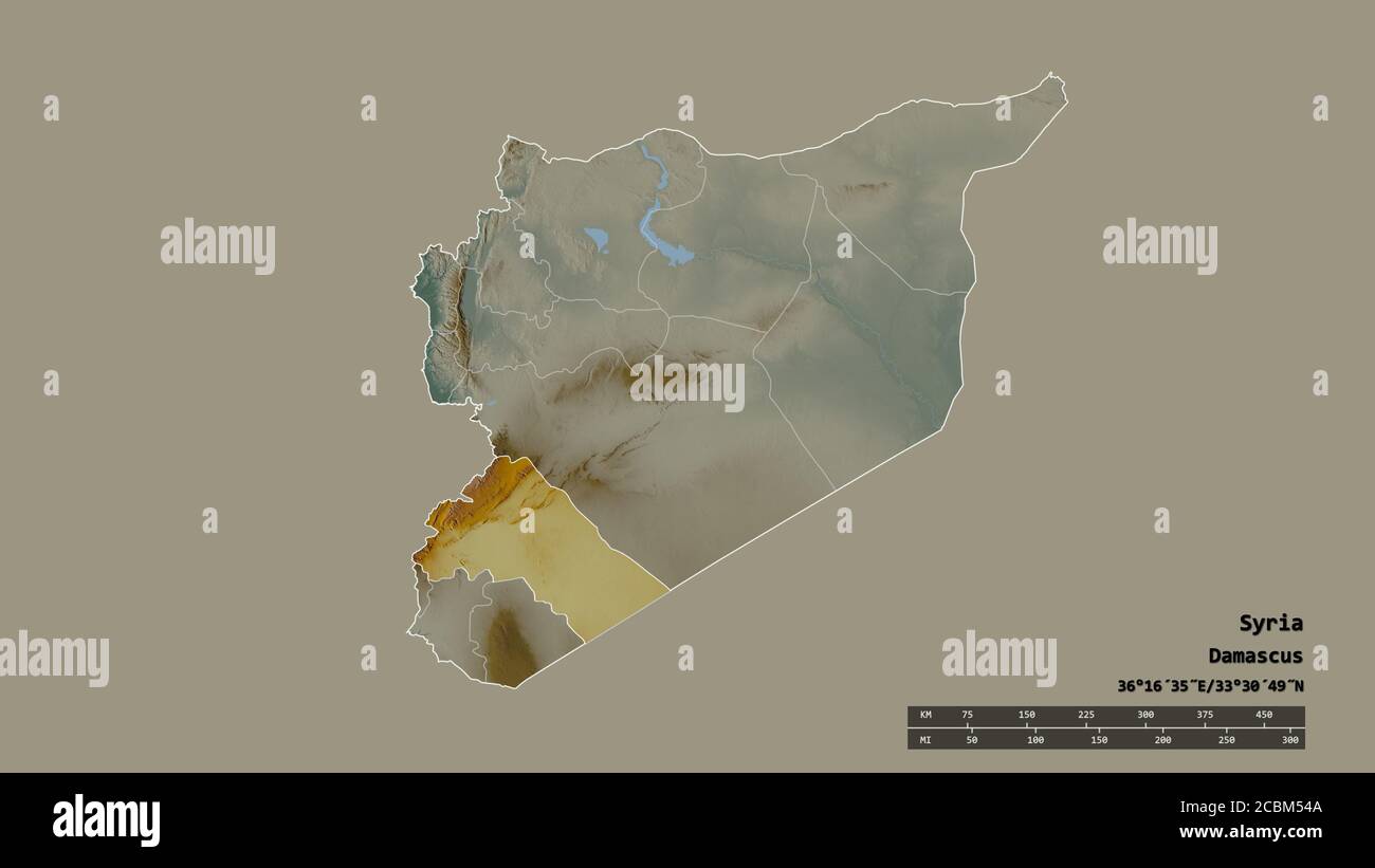 Desaturated shape of Syria with its capital, main regional division and ...