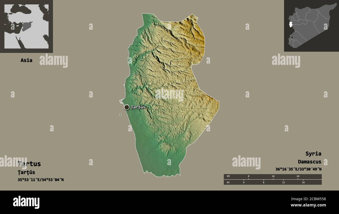 Shape of Tartus, province of Syria, and its capital. Distance scale ...