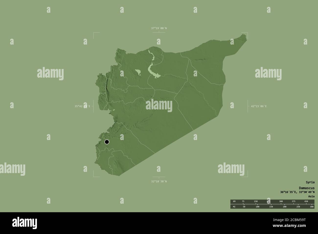 Area of Syria isolated on a solid background in a georeferenced ...