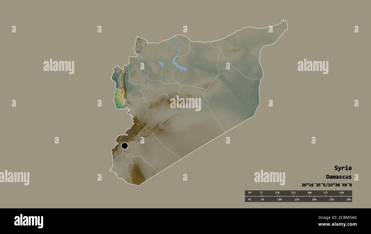 Desaturated shape of Syria with its capital, main regional division and ...