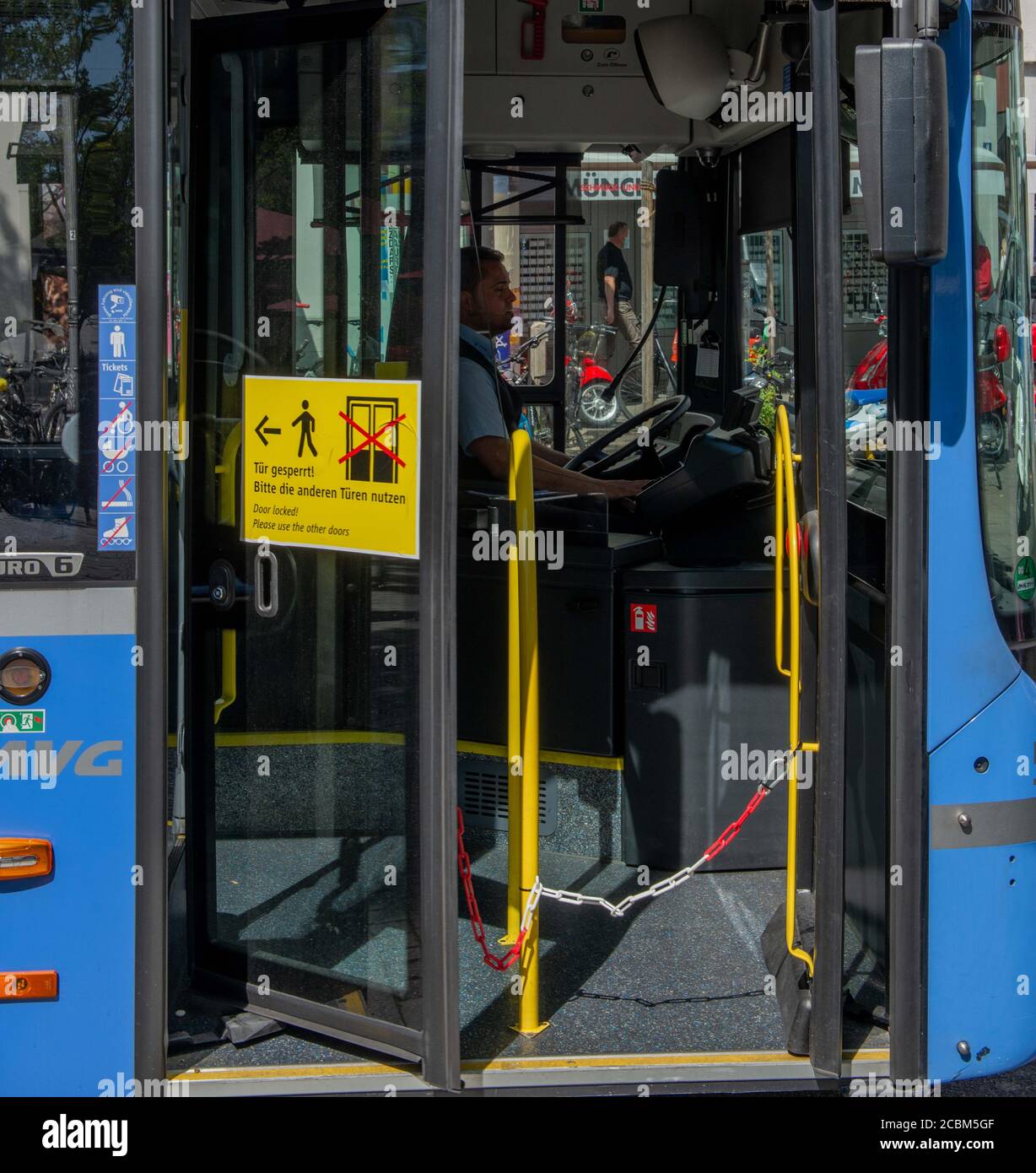 Munich germany July 29, 2020: bus entrance barred for social distancing ...