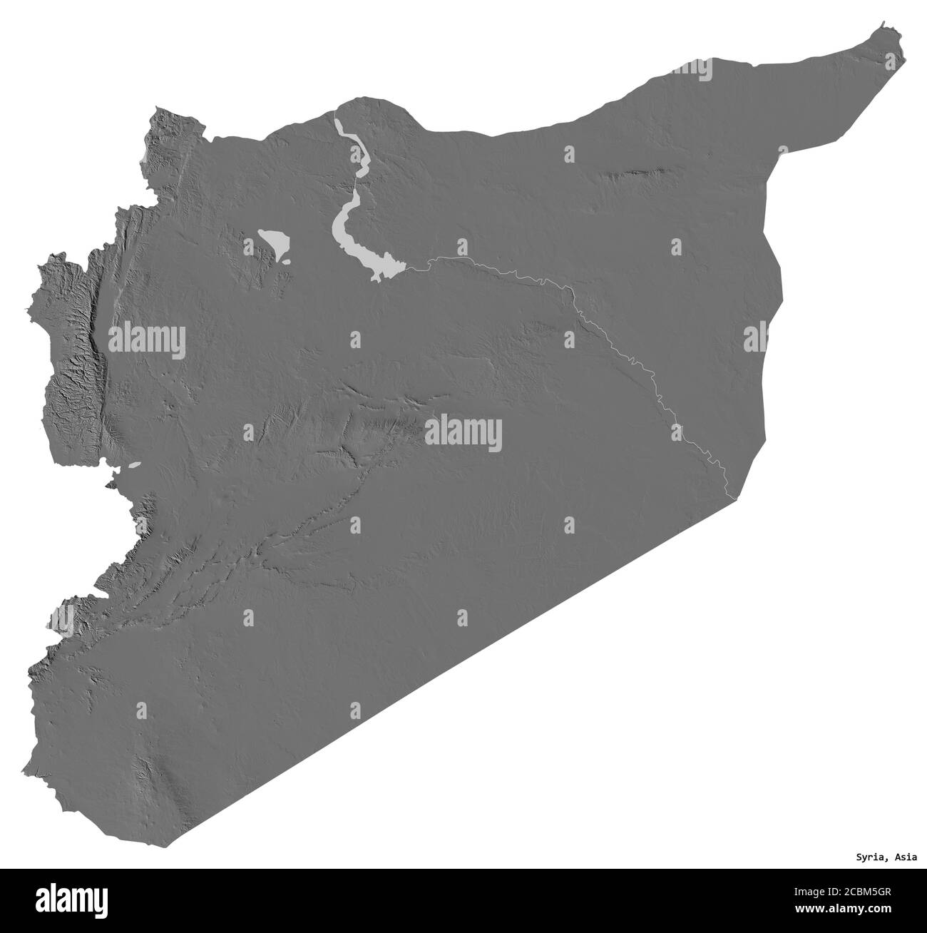 Shape of Syria with its capital isolated on white background. Bilevel ...