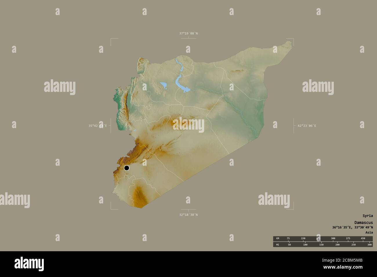 Area of Syria isolated on a solid background in a georeferenced ...