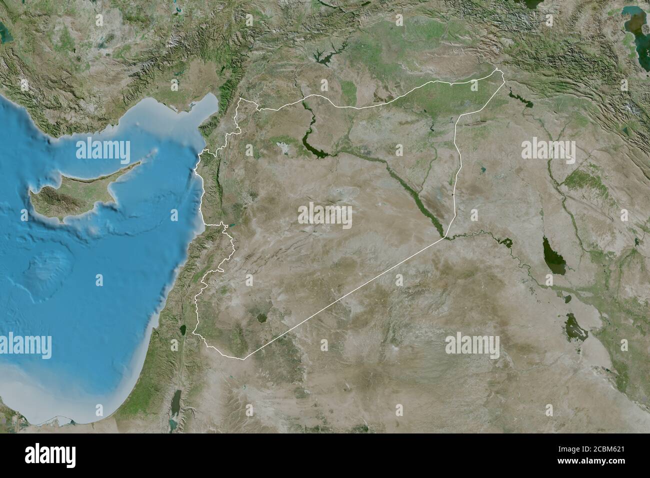 Extended area of outlined Syria. Satellite imagery. 3D rendering Stock ...