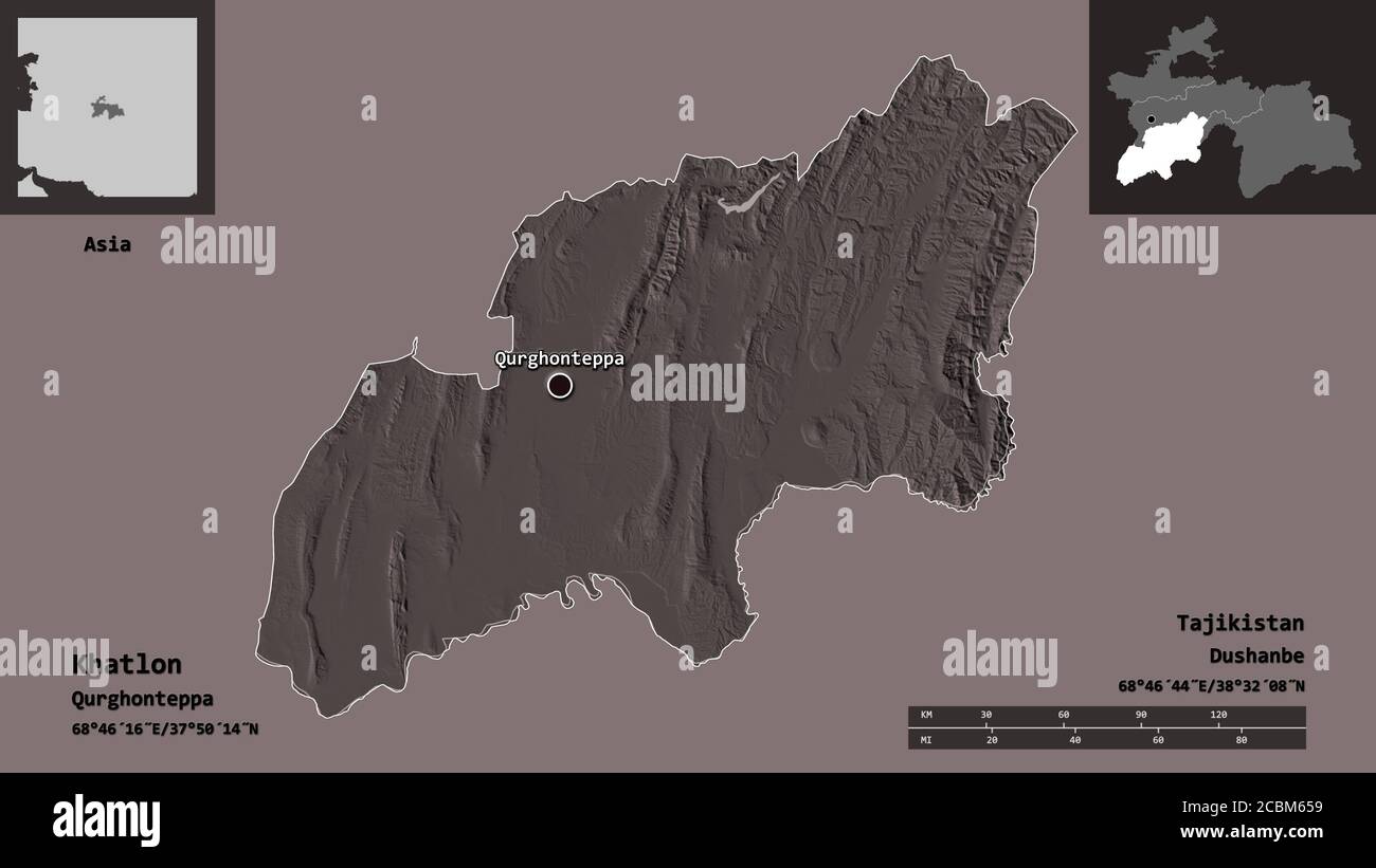 Shape of Khatlon, region of Tajikistan, and its capital. Distance scale ...