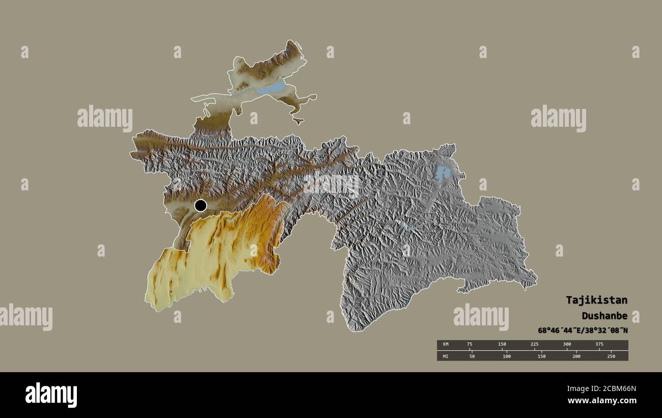 Desaturated shape of Tajikistan with its capital, main regional ...